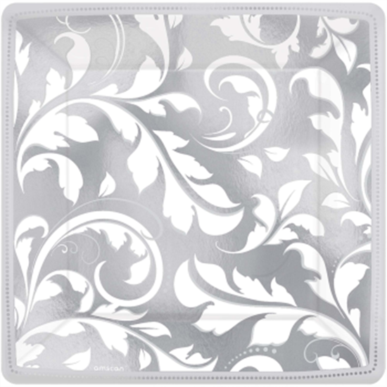 PartyMart. SILVER ELEGANT SCROLL 7" METALLIC SQUARE PLATES