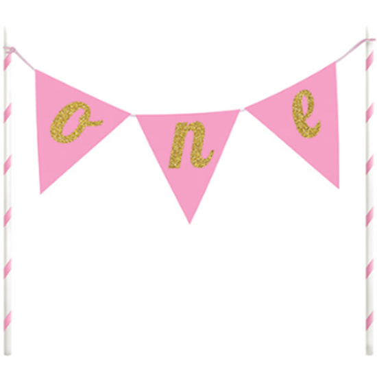 PartyMart. DECOR - CAKE TOPPER ONE PENNANT BANNER - PINK AND GOLD