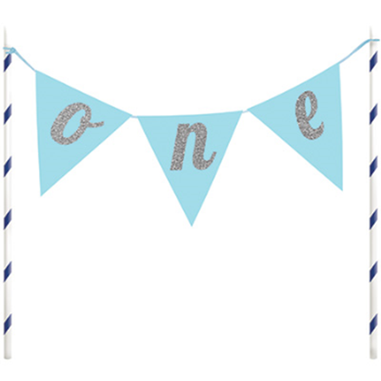PartyMart. DECOR - CAKE TOPPER ONE PENNANT BANNER - BLUE AND SILVER