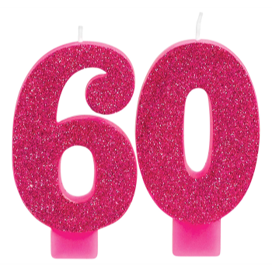 PartyMart. 60th - PINK GLITTER NUMERAL CANDLE