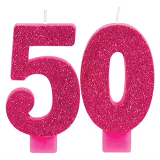 PartyMart. 50th - PINK GLITTER NUMERAL CANDLE