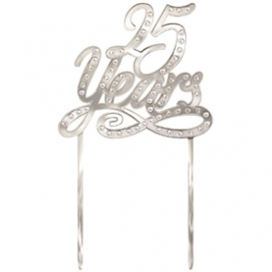 PartyMart. 25 YEARS CAKE TOPPER PICK - SILVER MIRRORED