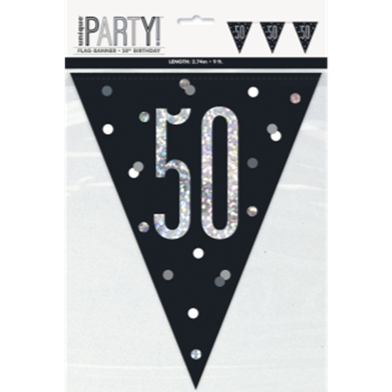 PartyMart. 50th - GLITZY BLACK 50th FLAG BANNER - 9FT
